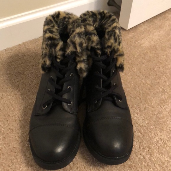 True Craft | Shoes | True Craft Black Lace Up Boots With Leopard Print ...